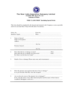 Fillable Online FIRE CLAIM FORM (Including Special Perils) Fax Email ...