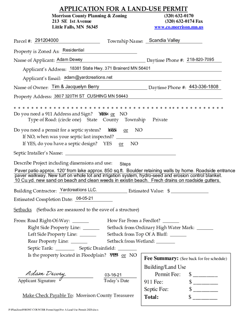 Fillable Online APPLICATION FOR A LAND-USE PERMIT ... Fax Email Print ...