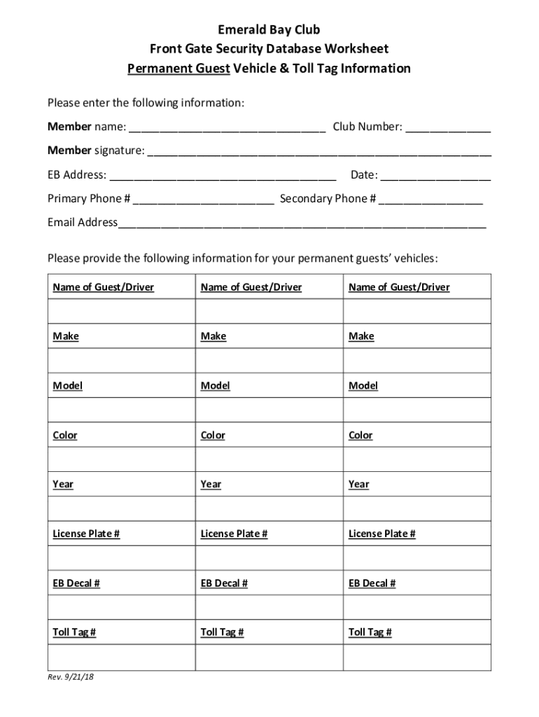 Fillable Online Emerald Bay Club Front Gate Security Database Worksheet ...