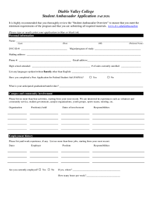 Fillable Online Diablo Valley College Student Ambassador Application ...