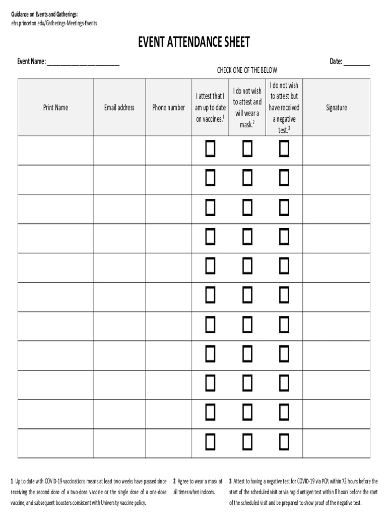 Fillable Online ehs princeton event attendance sheet - Princeton EHS ...