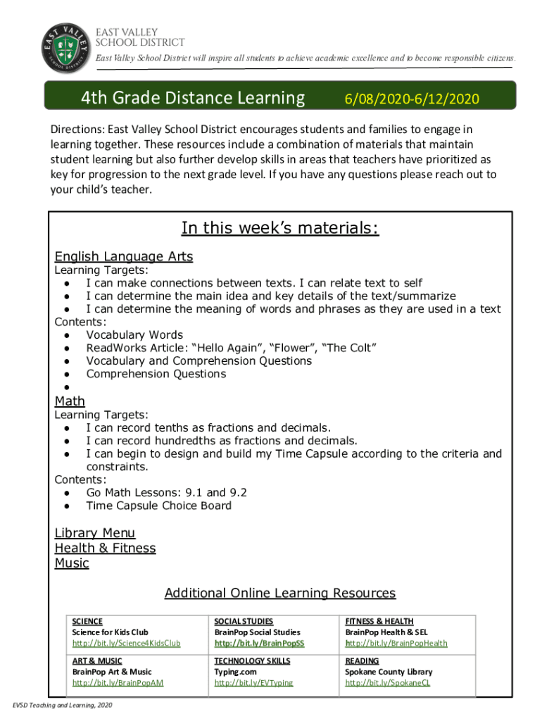 Fillable Online East Valley School District will inspire all students to achieve academic ...