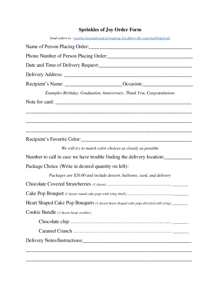 Fillable Online Sprinkles of Joy Order Form Name of Person Placing ...