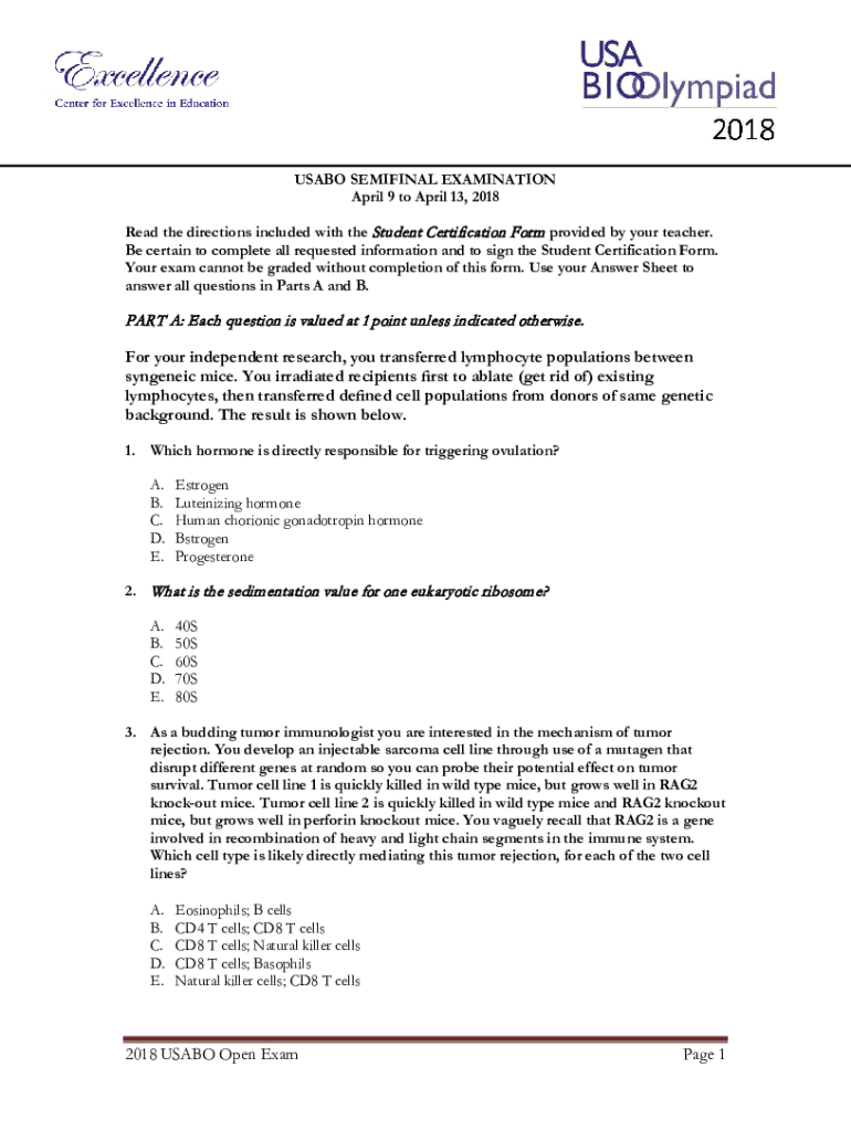 Fillable Online 2018 USABO Open Exam Page 1 For your independent ...