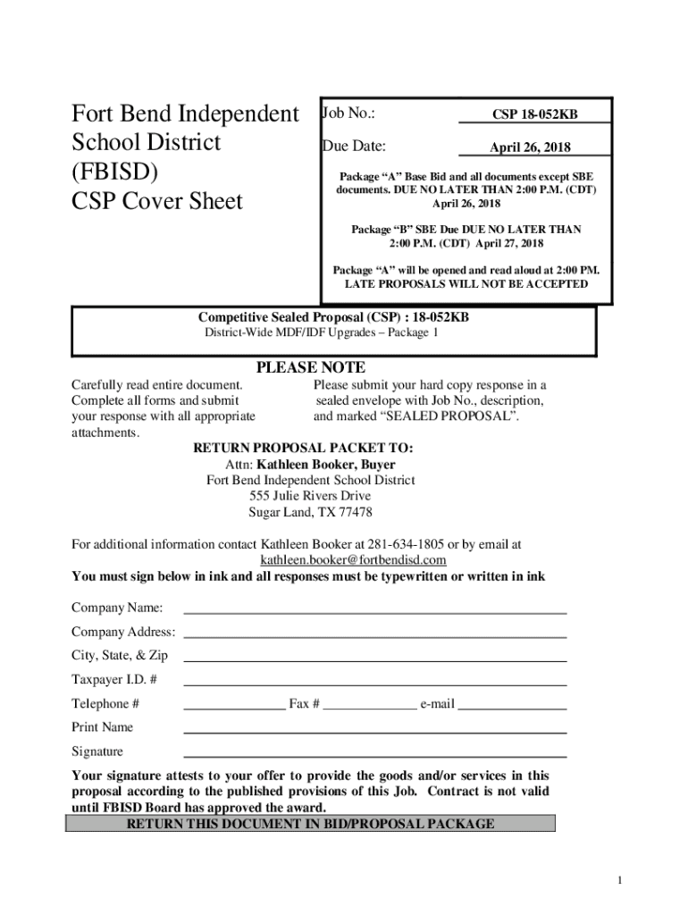 Fillable Online Fort Bend Independent School District (FBISD) CSP Cover ...