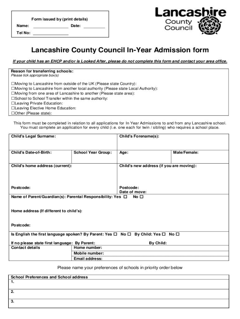Fillable Online Lancashire County Council In-Year Admission form Fax ...