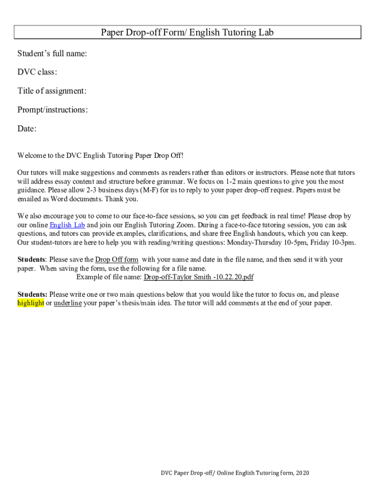 Fillable Online Paper Drop-off Form/ English Tutoring Lab Fax Email ...