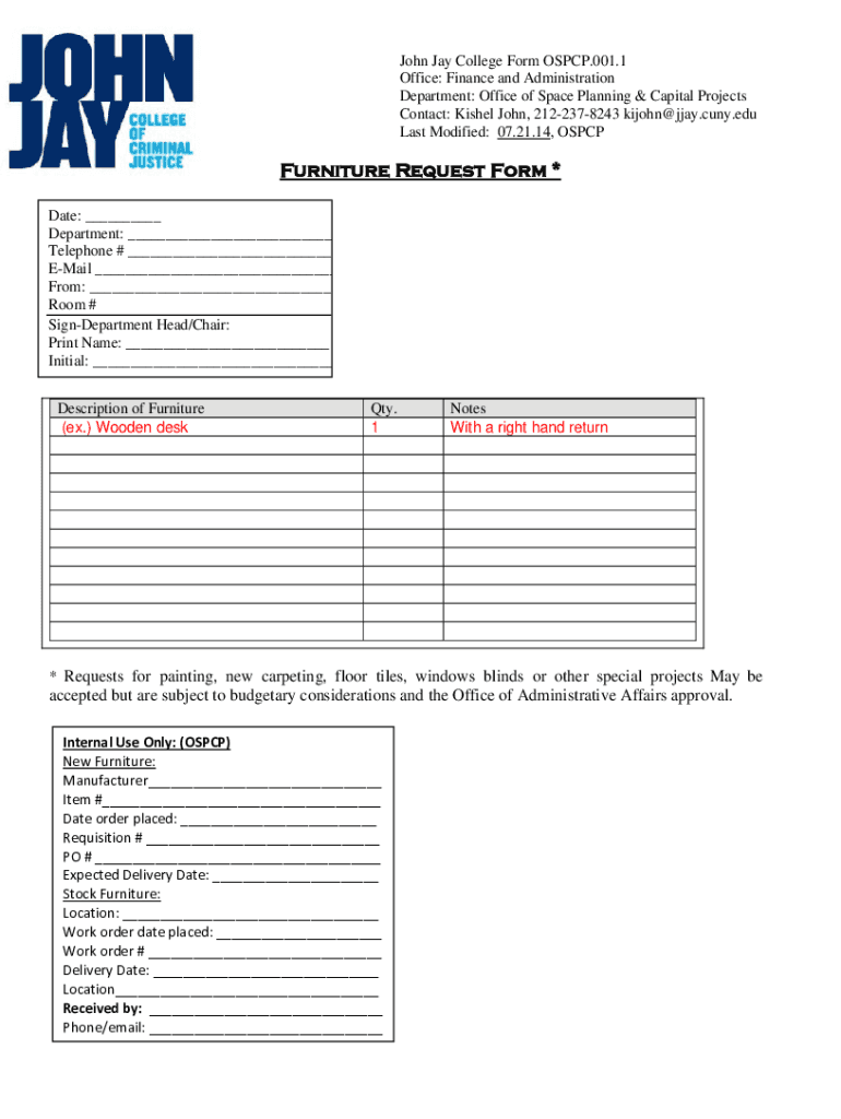 Fillable Online johnjay jjay cuny Furniture Request Form * - John Jay ...