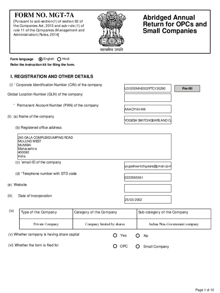 Fillable Online Abridged Annual Return in Form MGT-7A for OPCs & Small ...