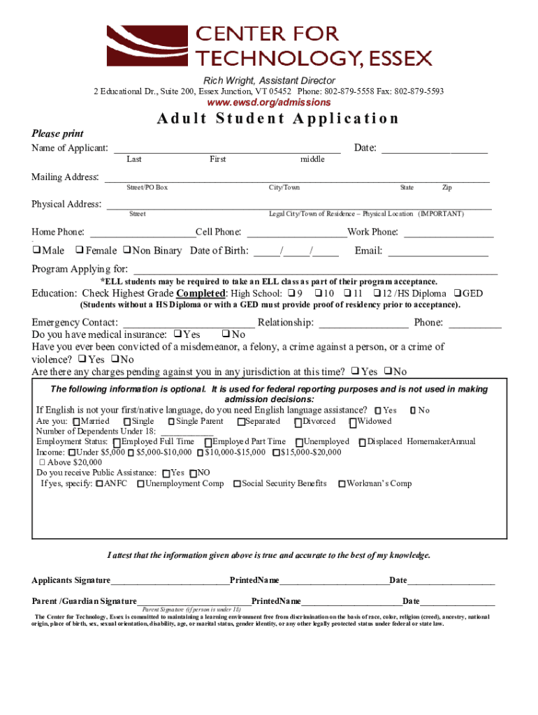 Fillable Online Adult Enrollment Information / Adult Students at CTE Fax Email Print - pdfFiller
