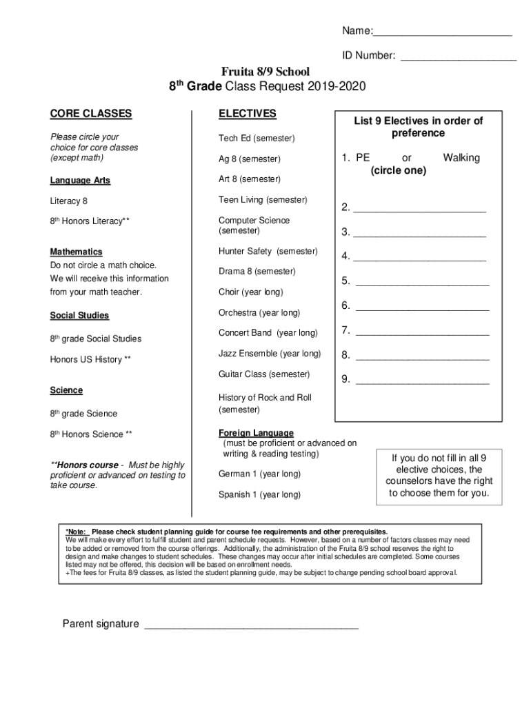 Fillable Online Fruita 8/9 School 8th Grade Class Request 2019-2020 Fax Email Print - pdfFiller