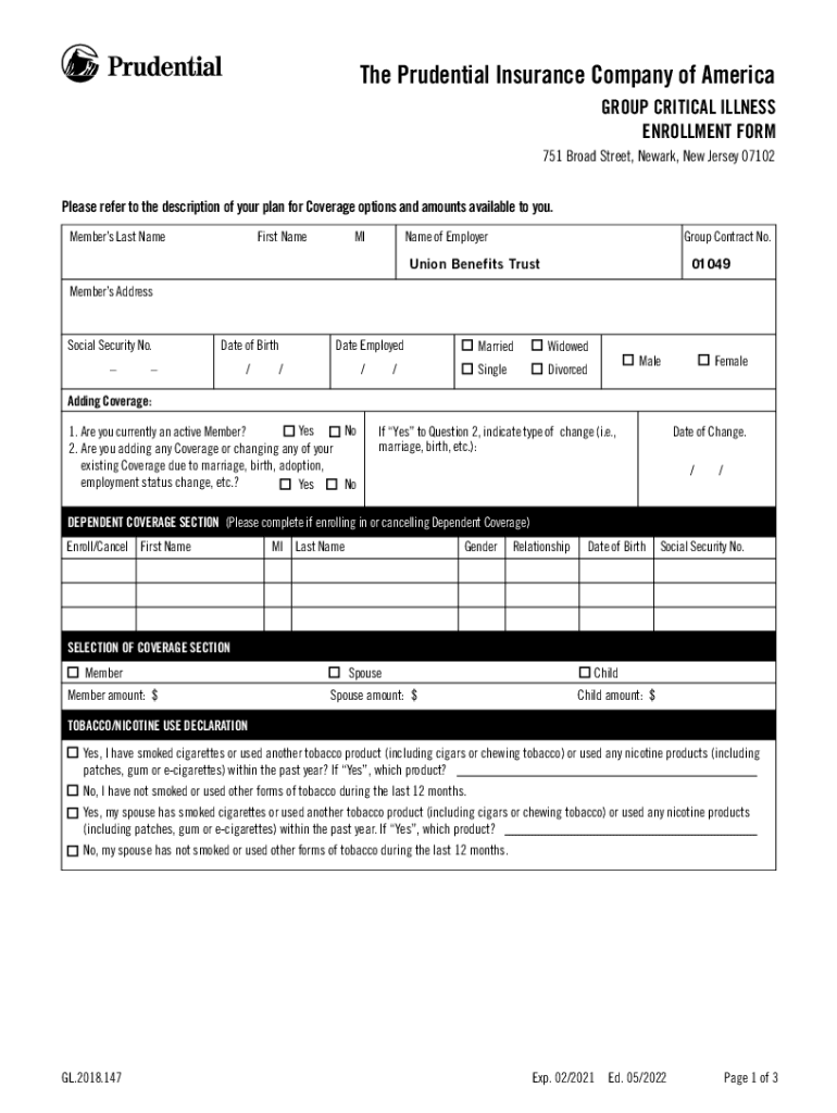 Fillable Online Group Critical Illness Enrollment or Change Form Fax ...