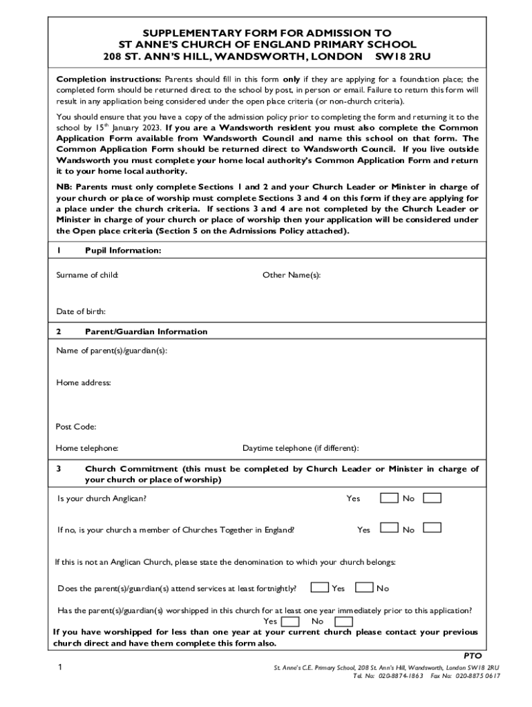 Fillable Online St Annes Church Of England Primary School - Supplementary Information Form ...