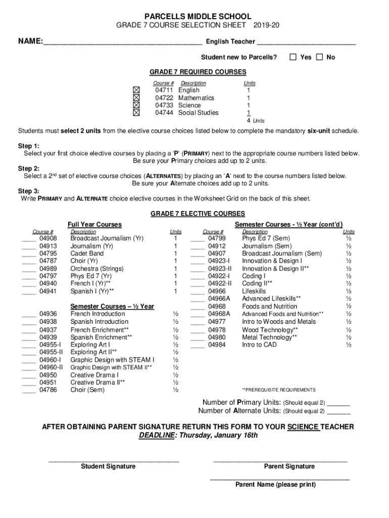 Fillable Online 7th GRADE COURSE SELECTION SHEET Fax Email Print ...