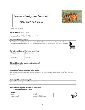 Fillable Online Summer AP Assignment Coversheet Falls Church High School ... Fax Email Print ...