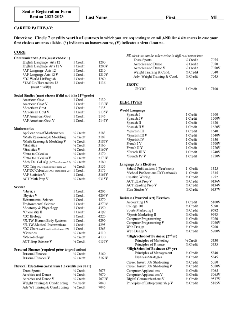 Fillable Online Senior Registration Sheet 2022-2023.doc Fax Email Print ...