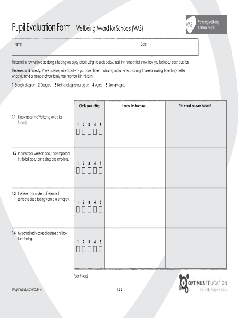 Fillable Online Pupil Evaluation Form Wellbeing Award for Schools (WAS) Fax Email Print - pdfFiller