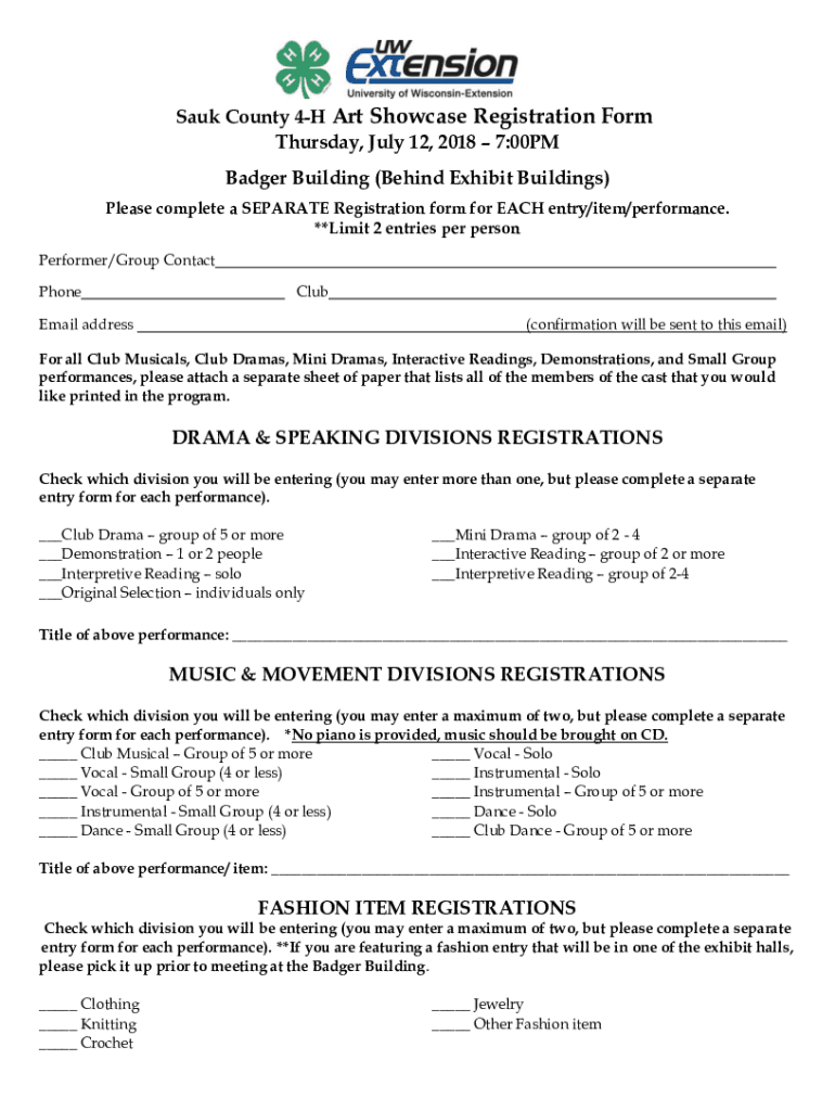 Fillable Online Sauk County 4-H Art Showcase Registration Form Fax ...