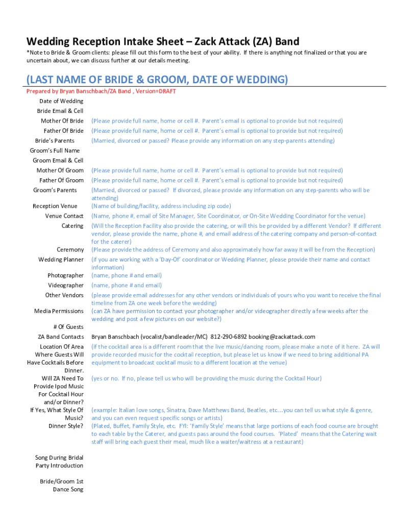 Fillable Online Wedding Reception Intake Sheet Zack Attack (ZA) Band ...