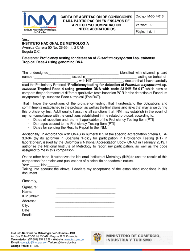 Fillable Online inm gov carta de aceptacin de condiciones para ...