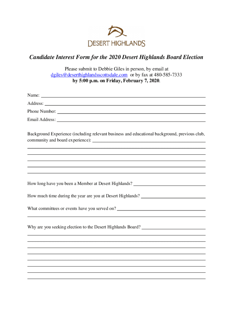 Fillable Online Candidate Interest Form for the 2020 ... Fax Email ...