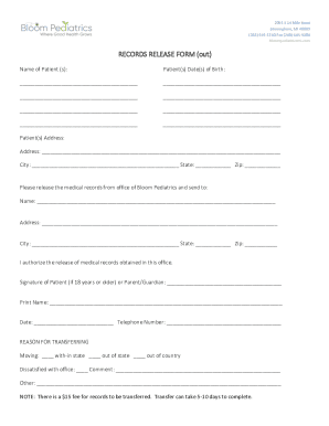 Fillable Online Bloom Pediatrics - Records Release Form (out) Fax Email ...