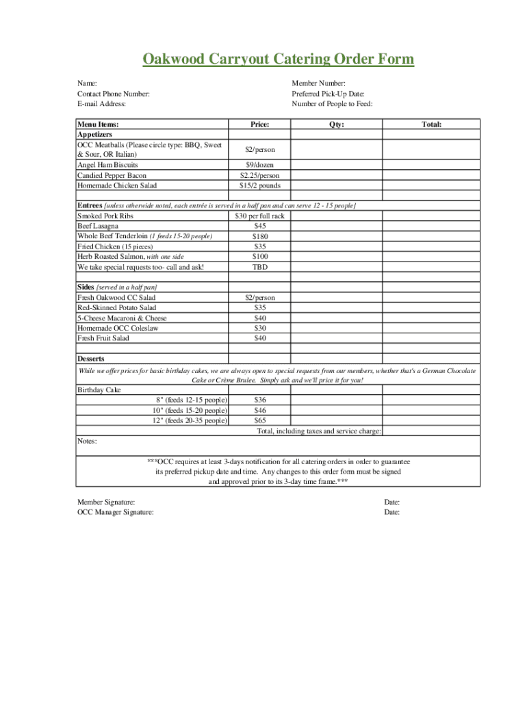 Fillable Online Oakwood Carryout Catering Order Form Fax Email Print - pdfFiller