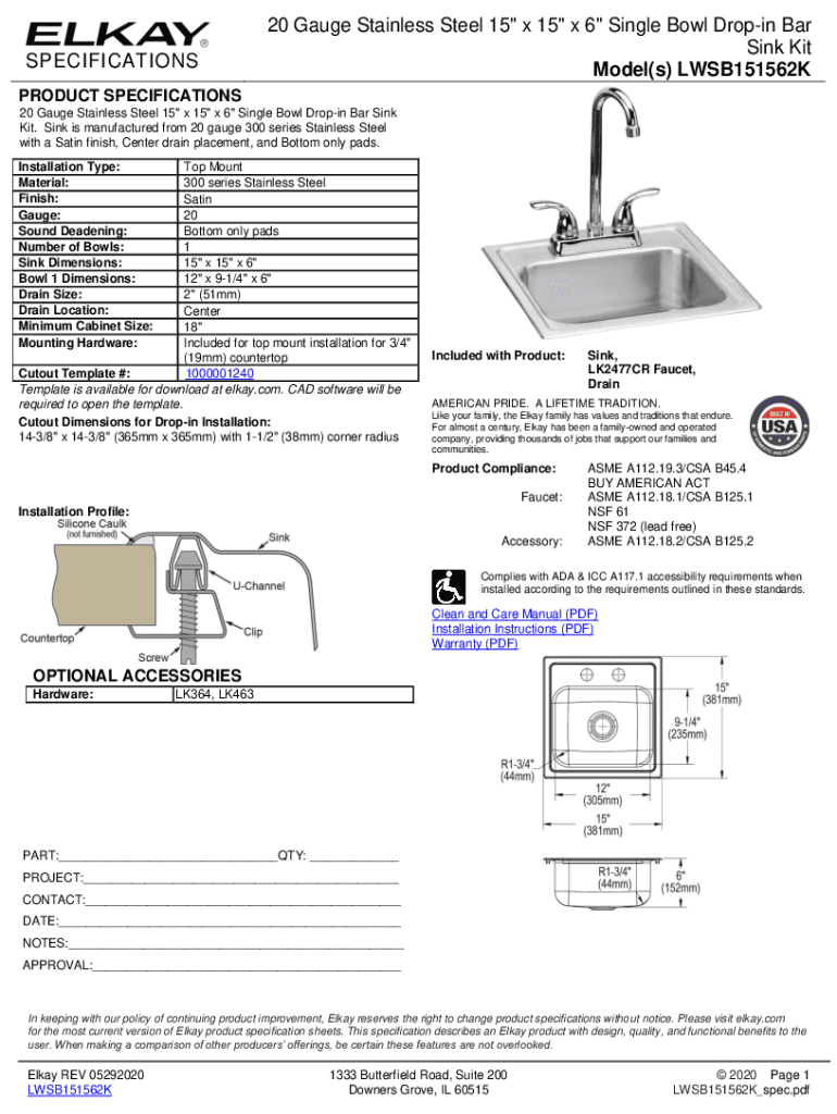 Fillable Online Elkay 20 Gauge Stainless Steel 15 in. x 15 in. 1-Hole ...