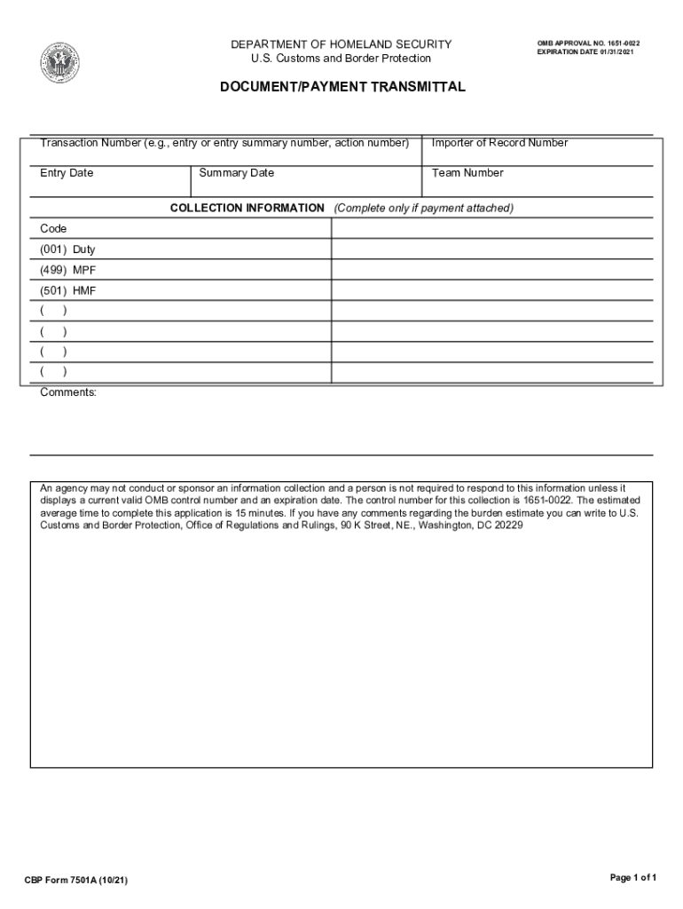 Fillable Online Form 7501A - Document/Payment Transmittal Fax Email Print - pdfFiller