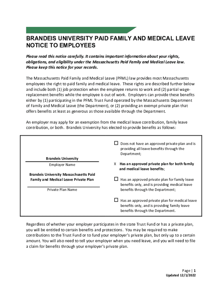 Fillable Online Brandeis University paid Family and Medical Leave ...