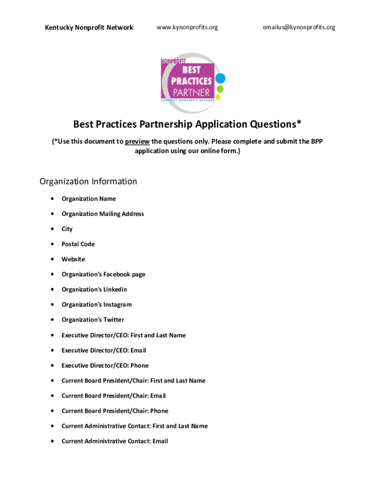 Fillable Online Best Practices Partnership Application Questions* Fax ...