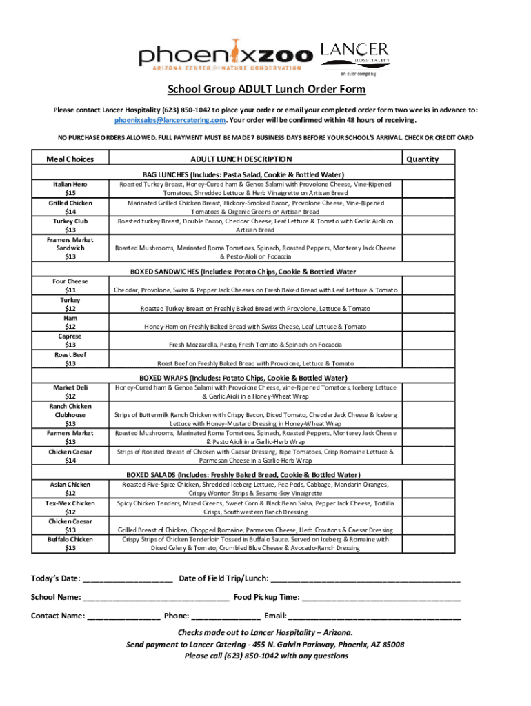 Fillable Online School Group ADULT Lunch Order Form Fax Email Print ...