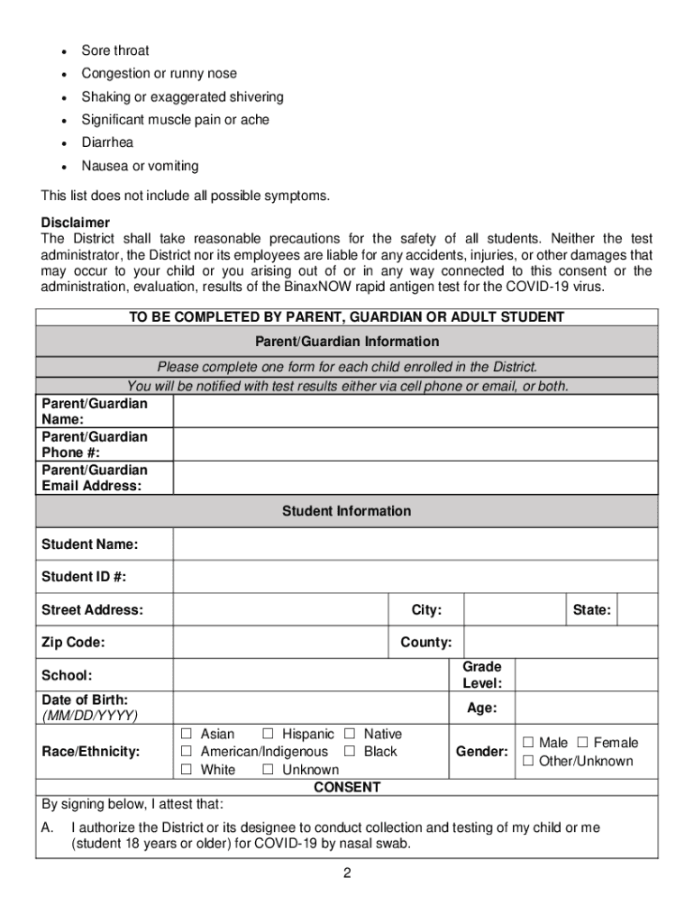 Fillable Online 1 STUDENT CONSENT FORM FOR VOLUNTARY COVID- ... Fax ...