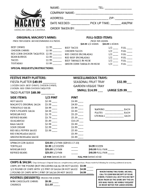 Fillable Online ORIGINAL MACAYO'S MINIS: NAME: TEL: COMPANY NAME: Fax ...