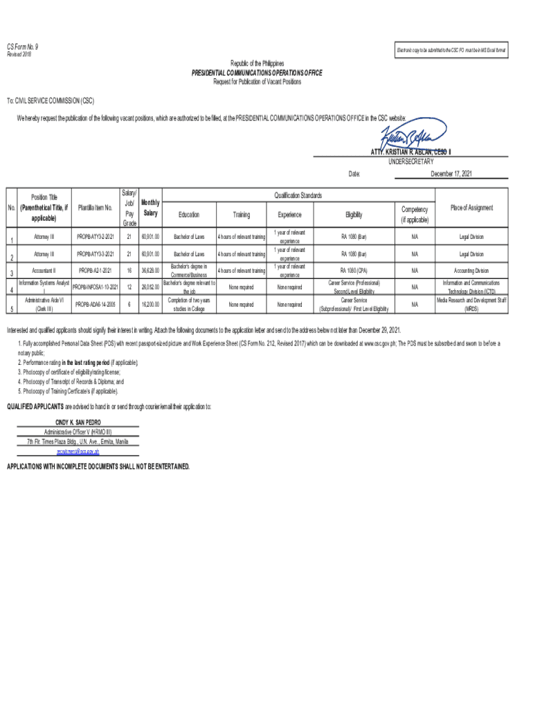 Fillable Online PCOO-Bulletin-Publication-of-Available-Plantilla ...