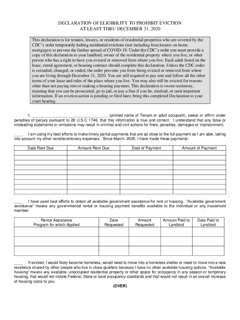 Fillable Online DECLARATION OF ELIGIBILITY TO PROHIBIT EVICTION AT LEAST ... Fax Email Print ...