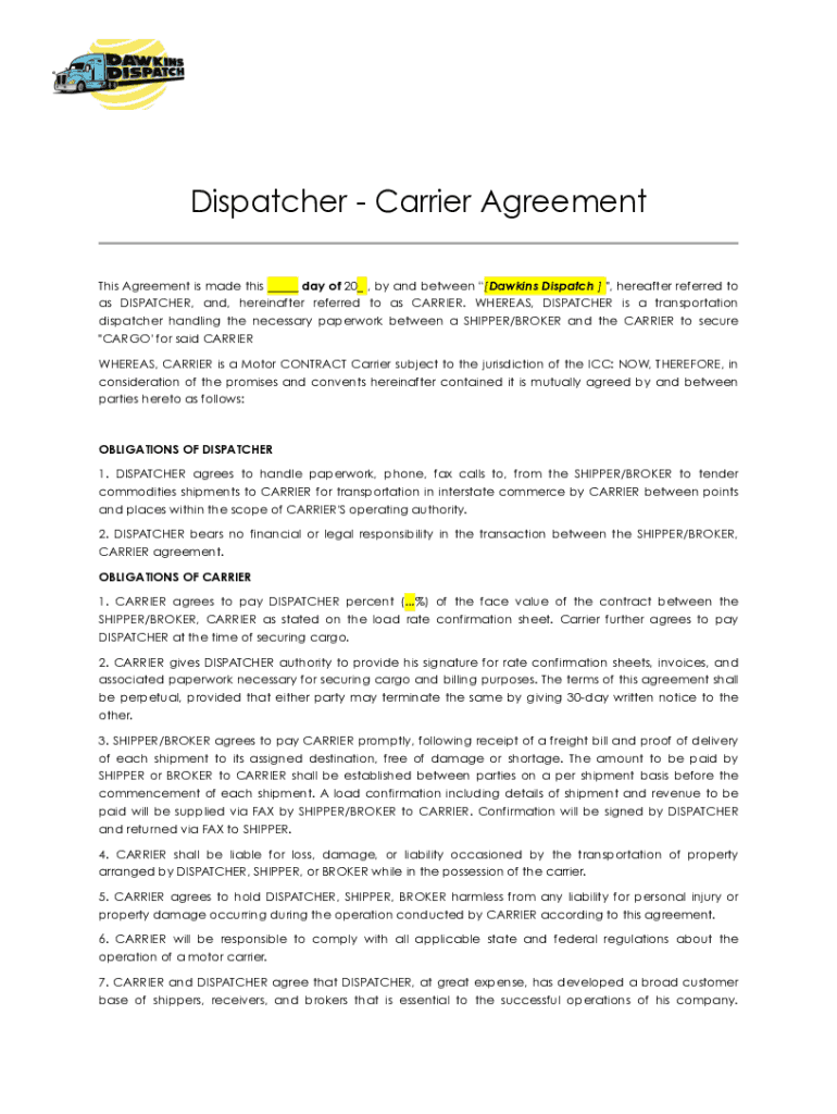 Fillable Online Dispatcher- Carrier Agreement (Fill out and print) - f ...