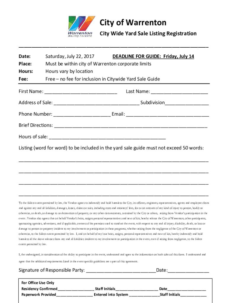 Fillable Online City Wide Yard Sale registration form 2017.doc Fax ...