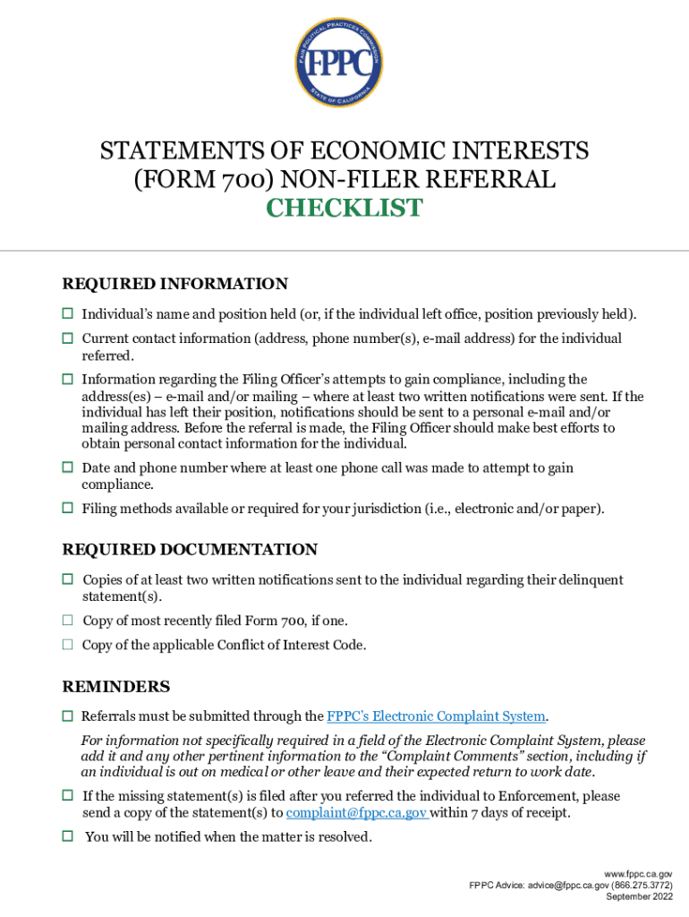 Fillable Online Statements of Economic Interests (Form 700) Non-Filer ...
