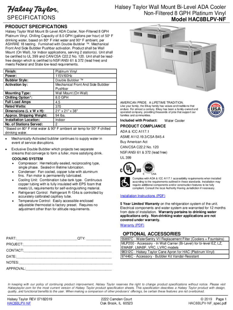 Fillable Online SPECIFICATIONS Halsey Taylor Wall Mount Bi-Level ADA ... Fax Email Print - pdfFiller