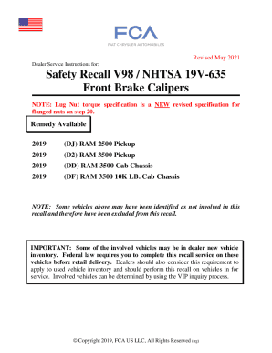 Fillable Online Safety Recall V98 / NHTSA 19V-635 Front Brake Calipers ...