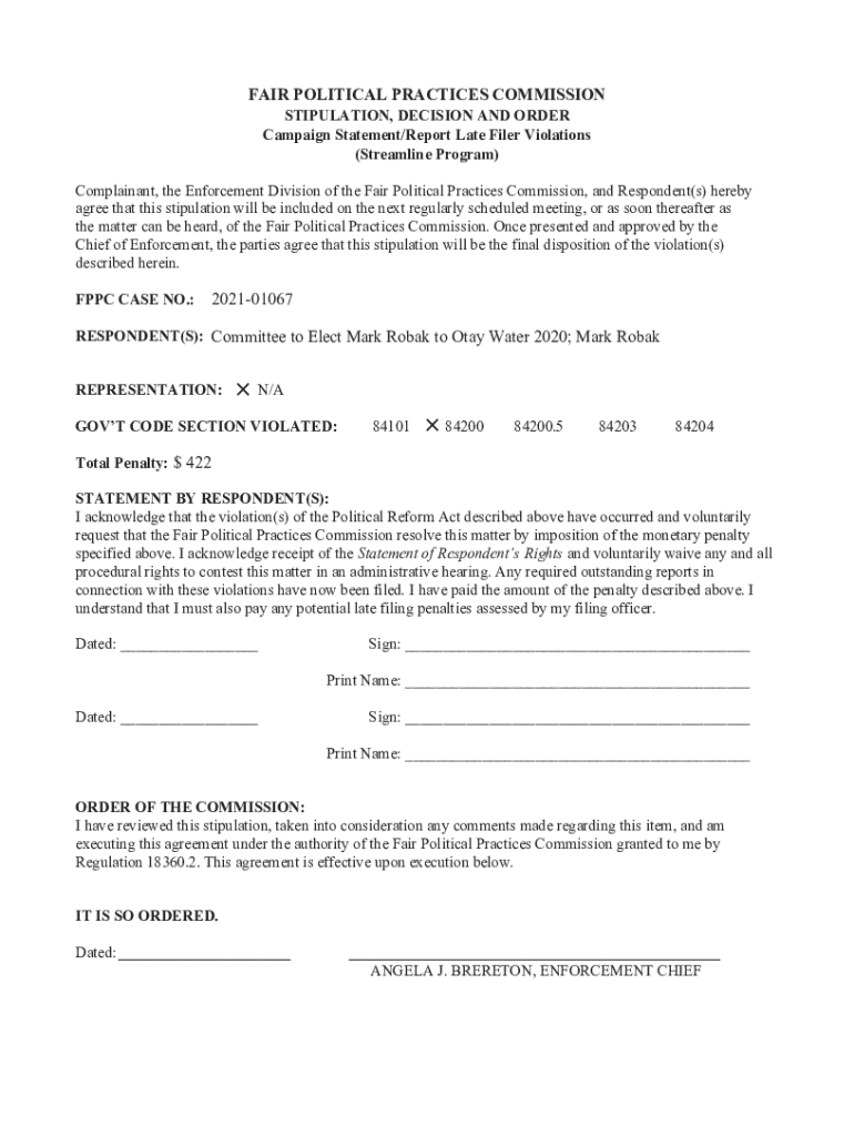 Fillable Online Committee to Elect Mark Robak, Stipulation Fax Email ...