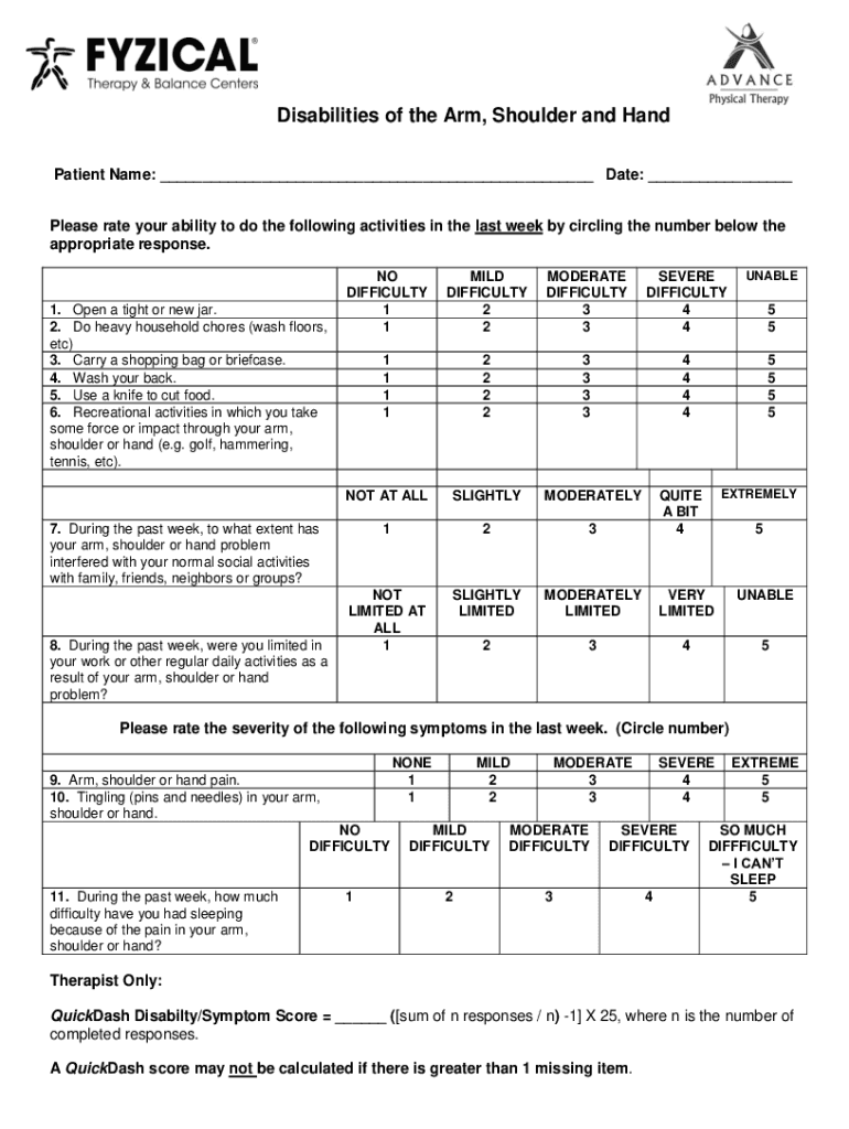 Fillable Online Disabilities of the Arm, Shoulder, and Hand (DASH) Name ...