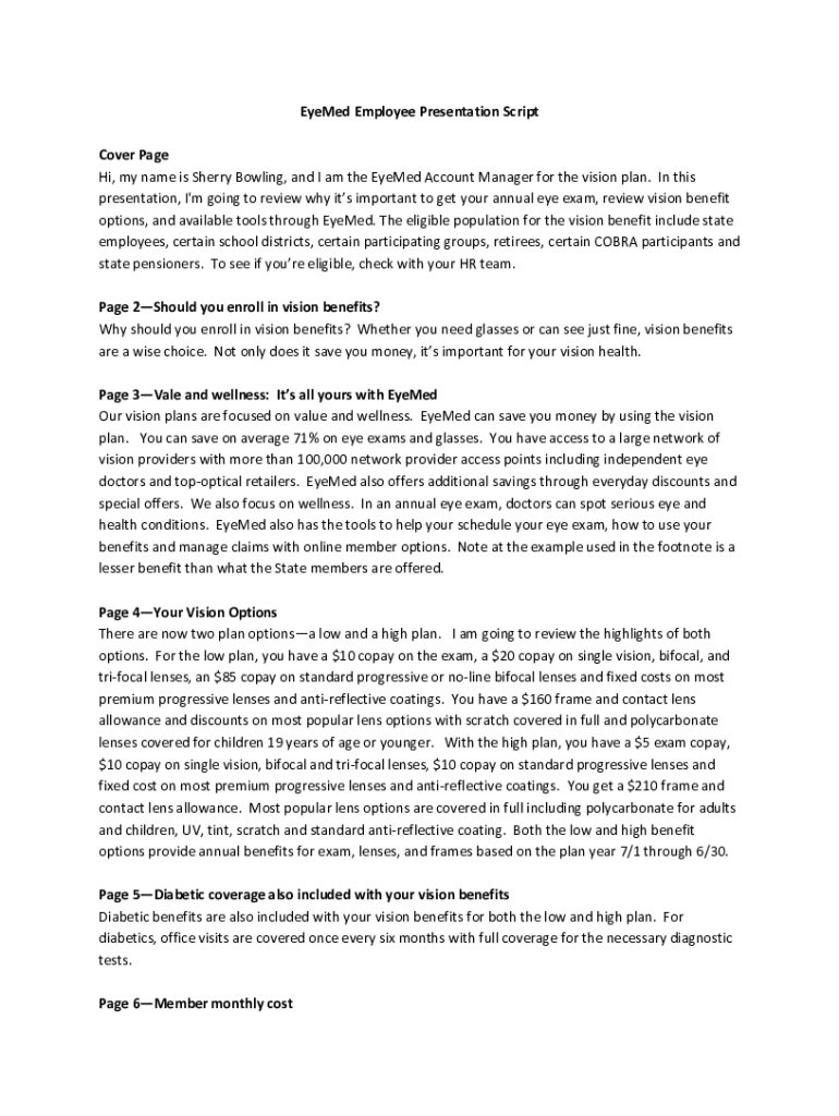 Fillable Online EyeMed Employee Presentation Script Cover Page Fax Email Print - pdfFiller