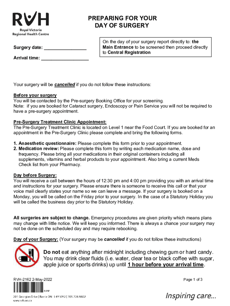 Fillable Online PREPARING FOR YOUR DAY OF SURGERY Fax Email Print - pdfFiller