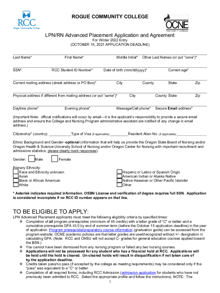 Fillable Online go roguecc LPN/RN Advanced Placement Application and ...