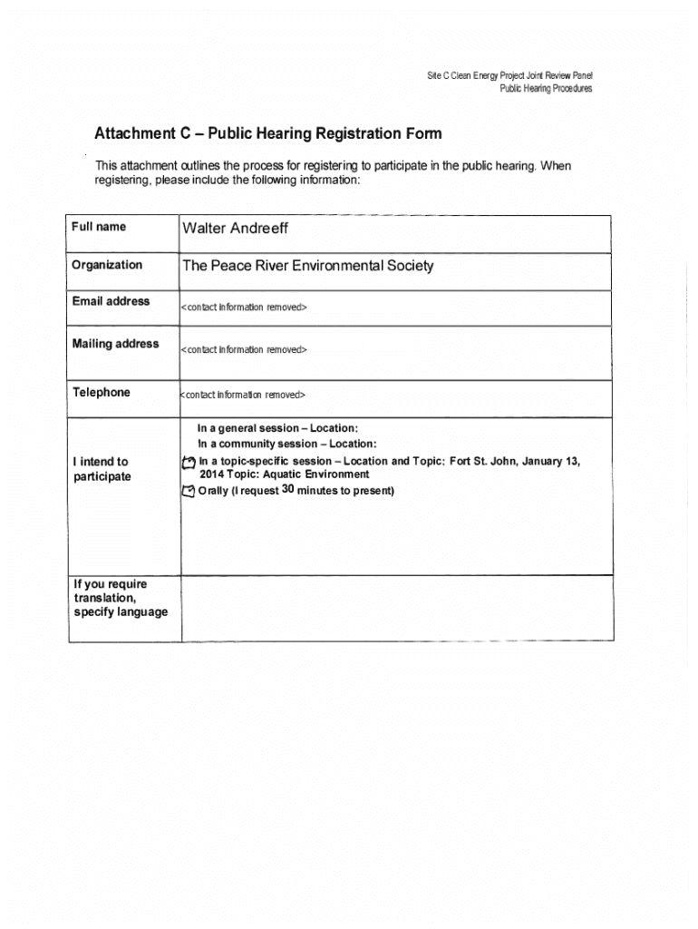 Fillable Online Public Hearing Registration Form Walter Andreeff The ...
