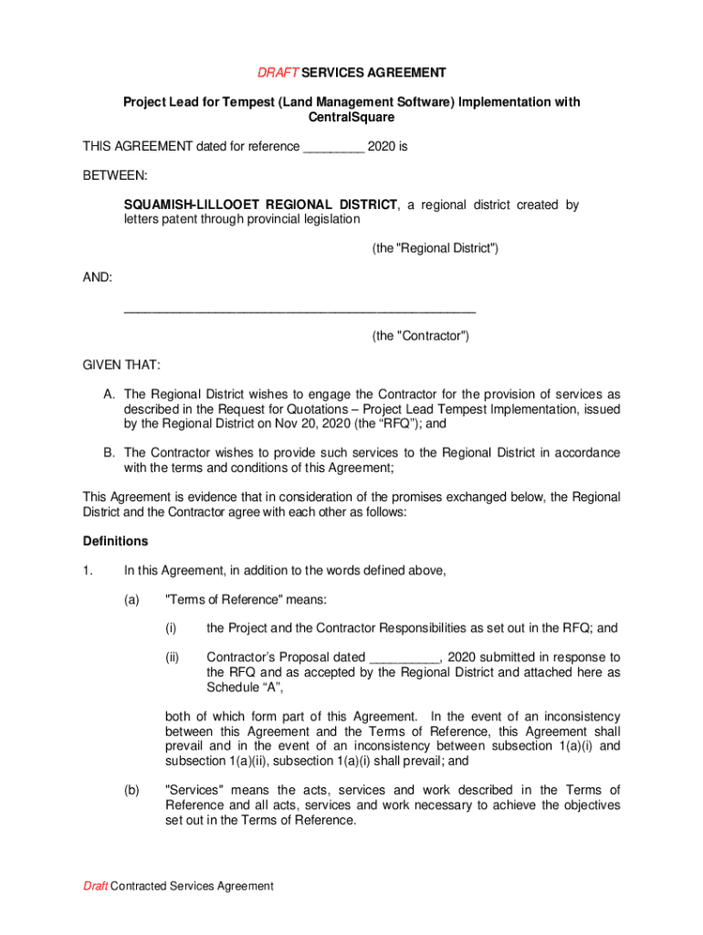 Fillable Online DRAFT SERVICES AGREEMENT Project Lead for ... Fax Email Print - pdfFiller
