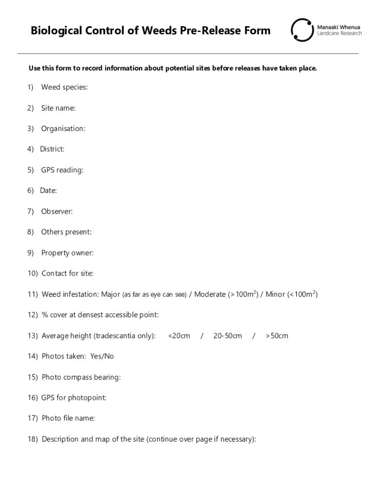 Fillable Online Biological Control of Weeds Pre-Release Form Fax Email ...