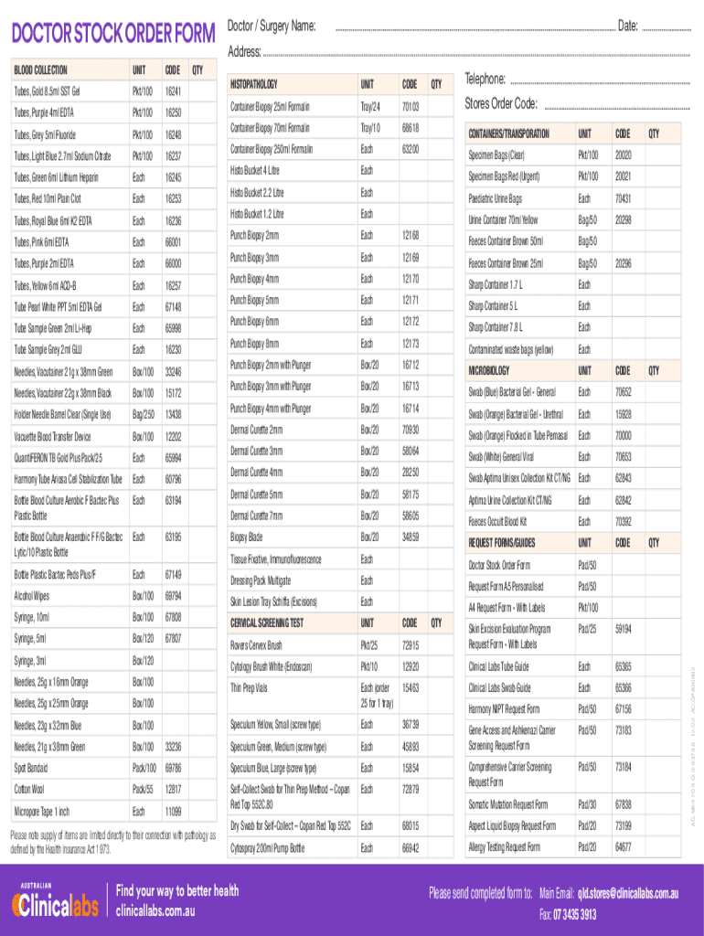 Fillable Online DOCTOR STOCK ORDER FORM Fax Email Print - pdfFiller